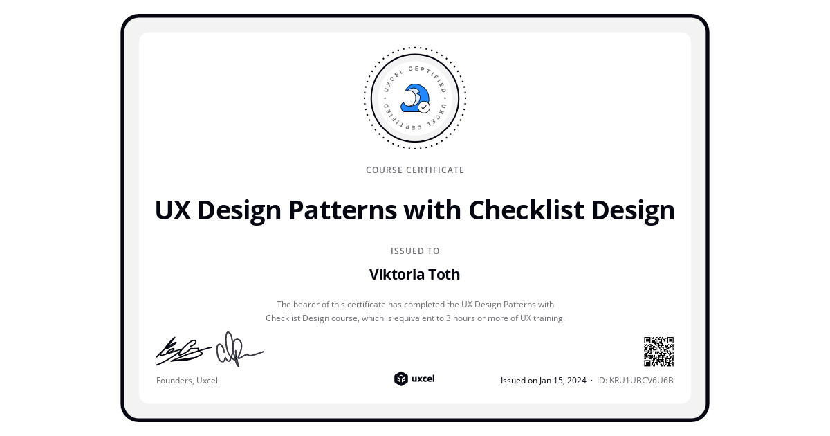 Certificate of completion for UX Design Patterns with Checklist Design | Uxcel